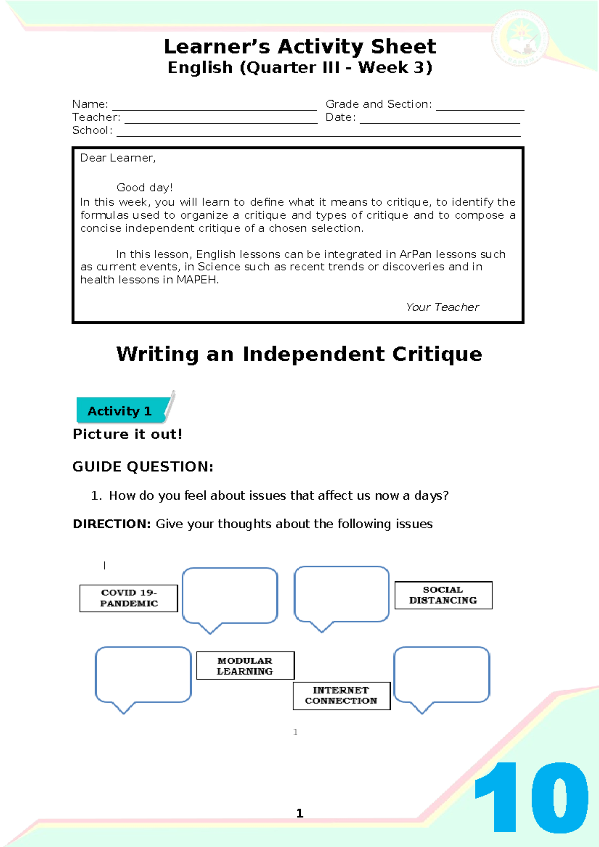 G10 Eng Q3 W3 - Independent Critique Learner’s Activity Sheet - Studocu