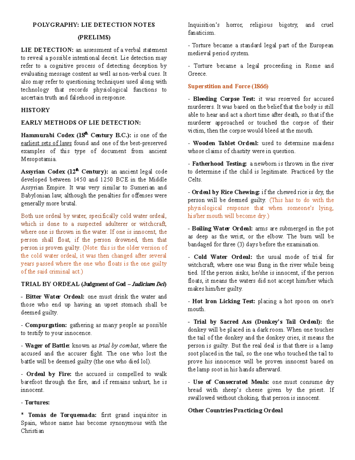 Polygraphy (LIE DETECTION) Prelims Study Notes - Studocu