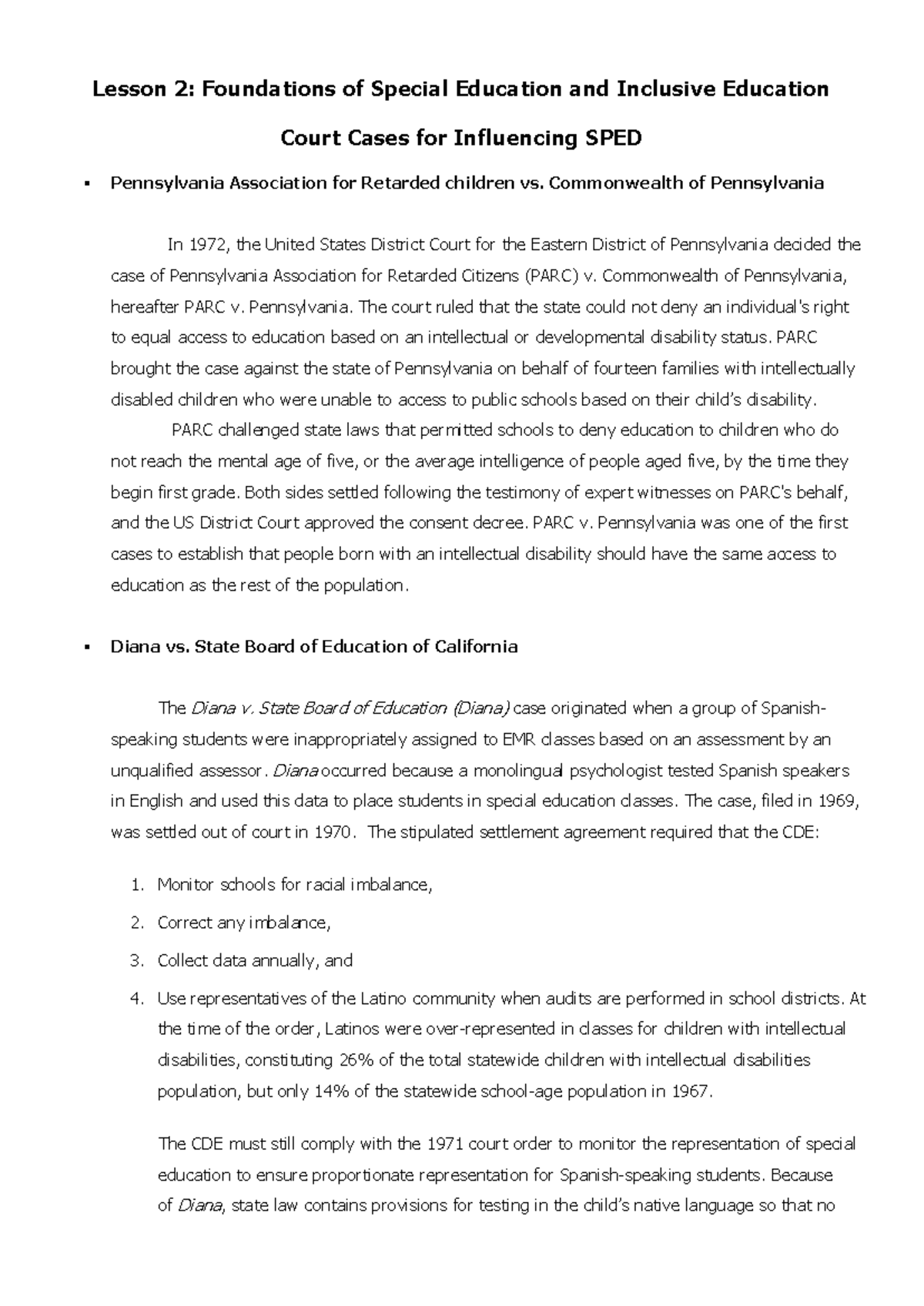 CASE Study: Foundations of SPED & Inclusive Ed Court Cases - Studocu
