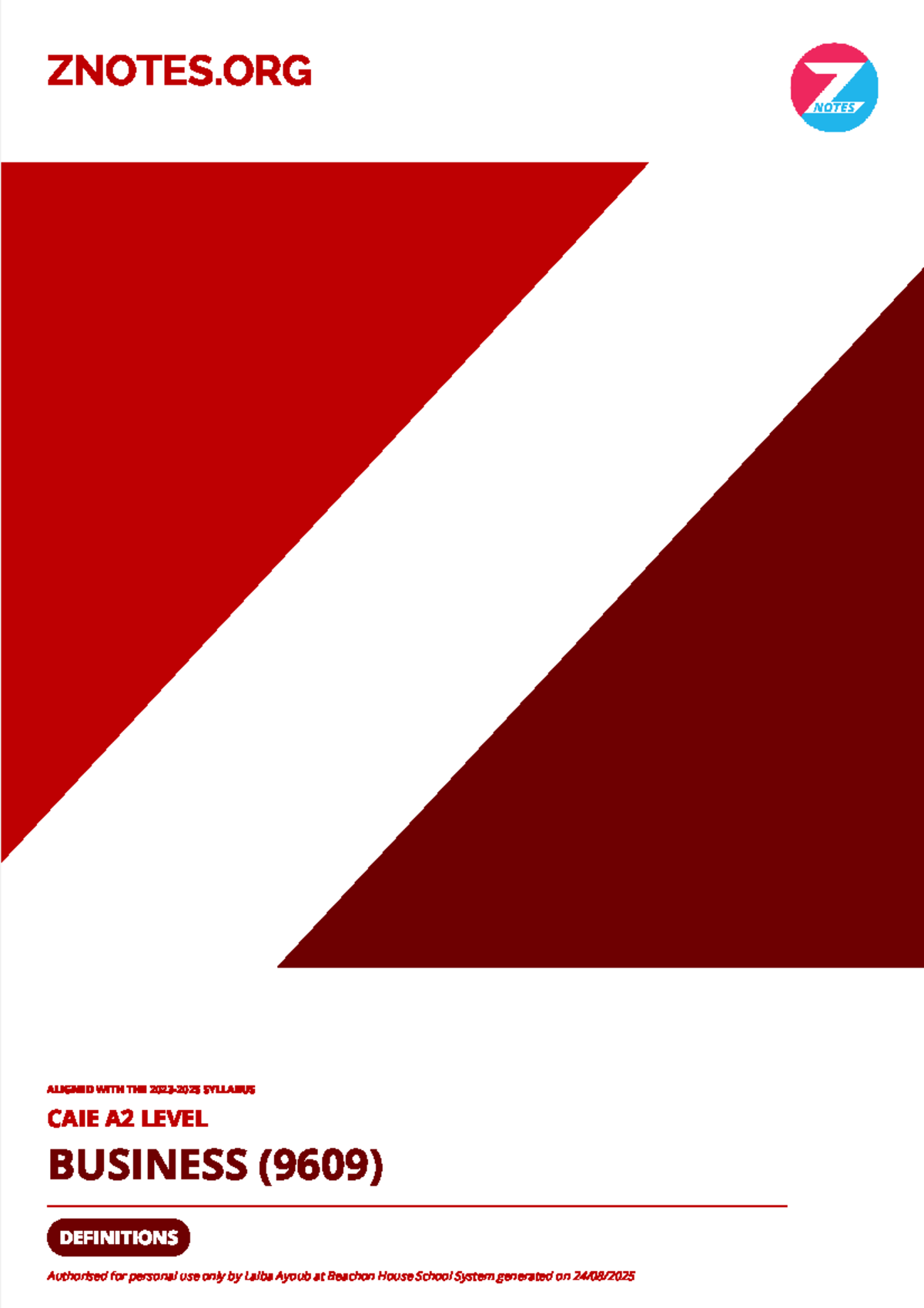 CAIE A2 Level Business (9609) - Comprehensive Definitions Guide - Studocu