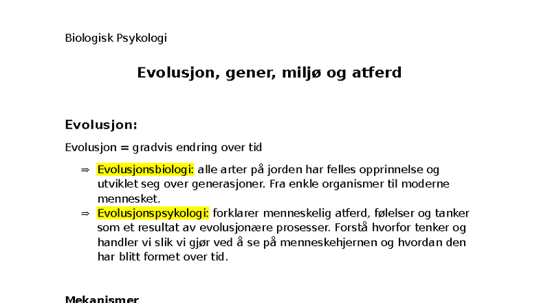 Evolusjon, Gener og Atferd: En Biologisk Psykologi Oversikt - Studocu