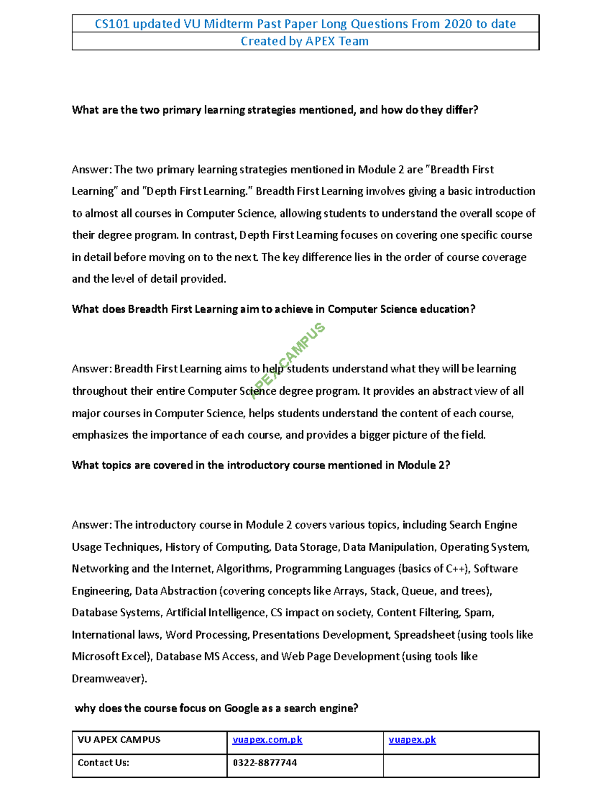 CS101 VU Midterm Past Paper: Long Questions (2020-Present) - Studocu