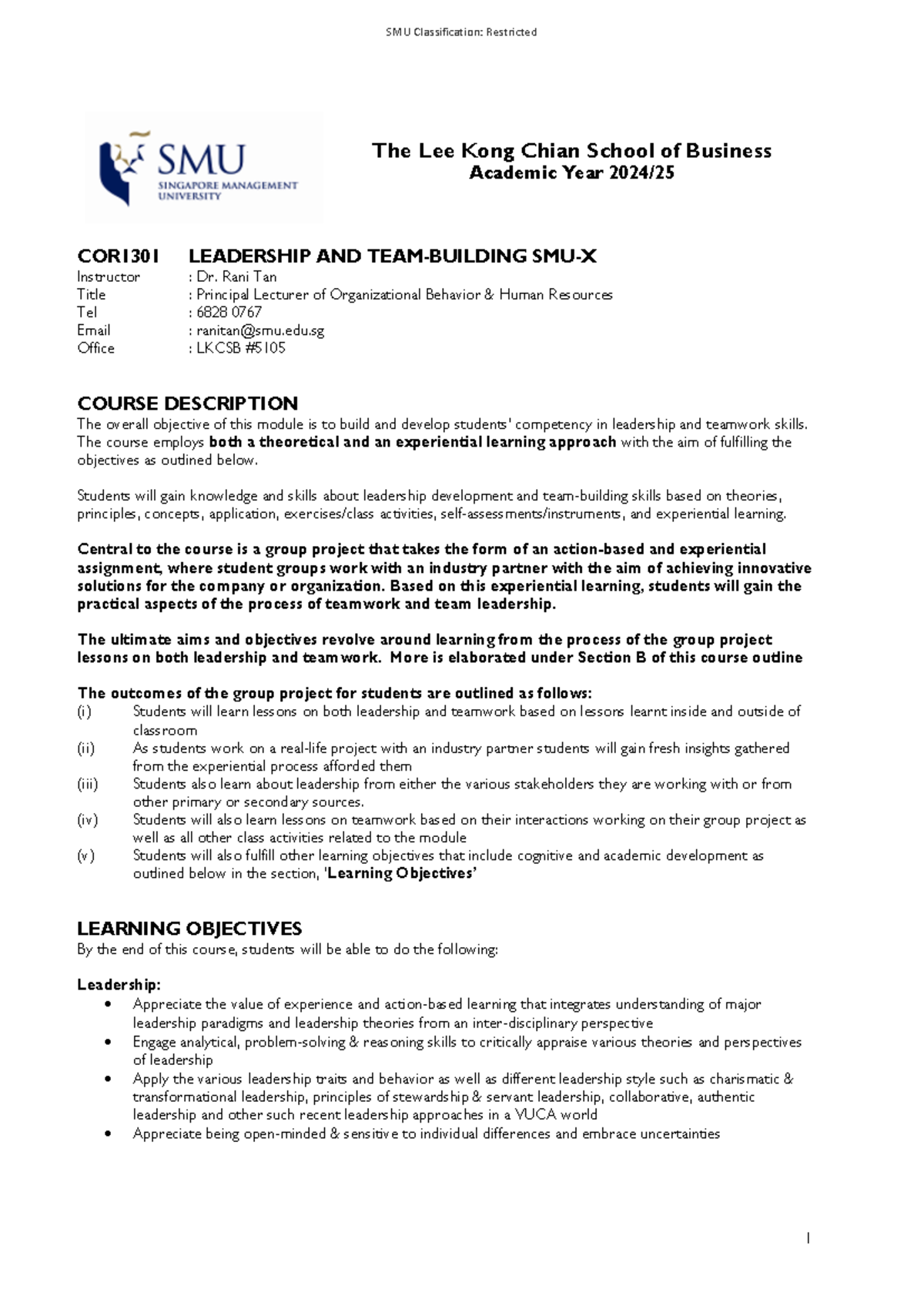COR1301 Leadership and Team-Building Course Outline by Dr. Rani Tan ...