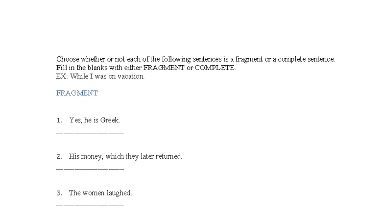 ENG 101: Fragment or Complete Sentence Identification Exercise - Studocu