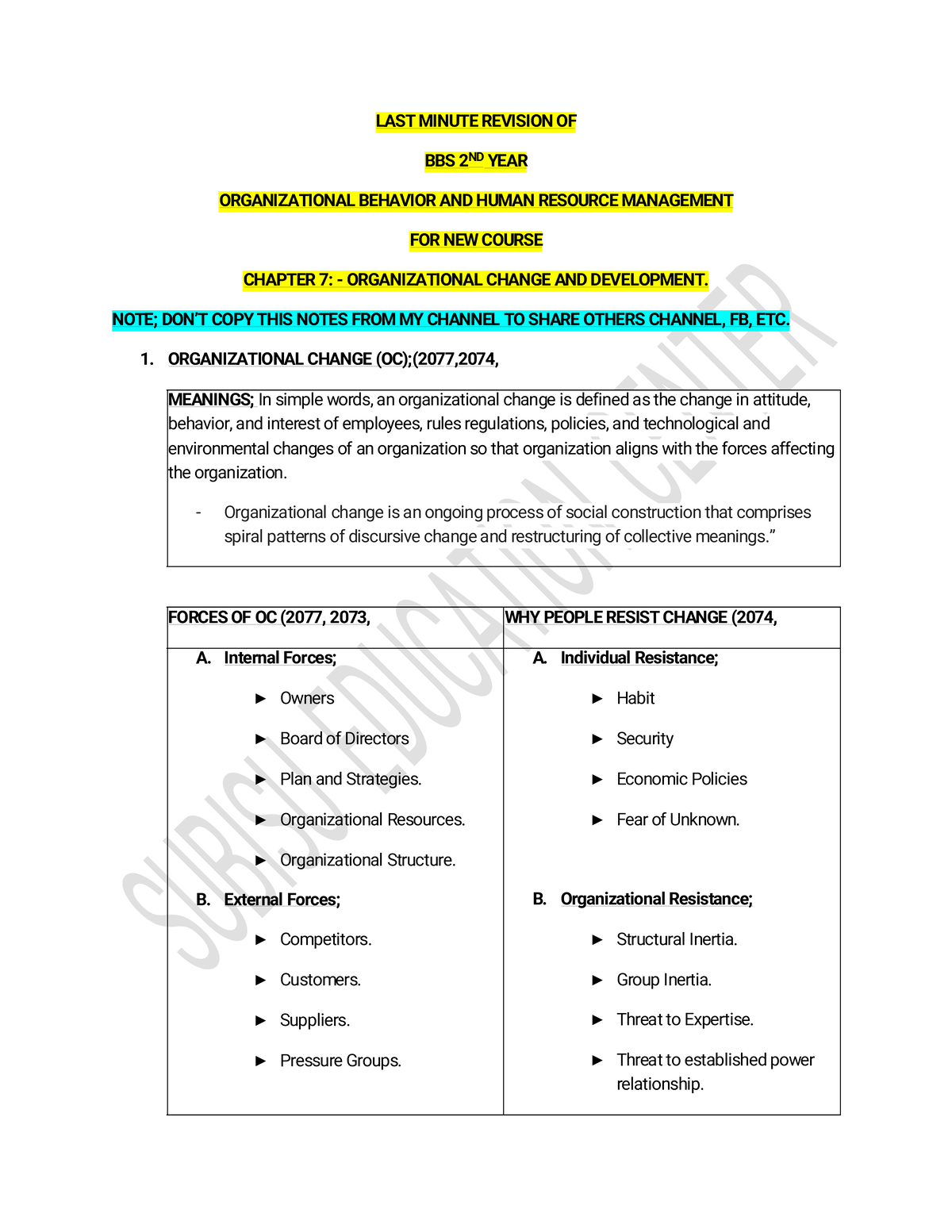 BBS 2 ND Organizational Change and Development Revision Notes - Studocu