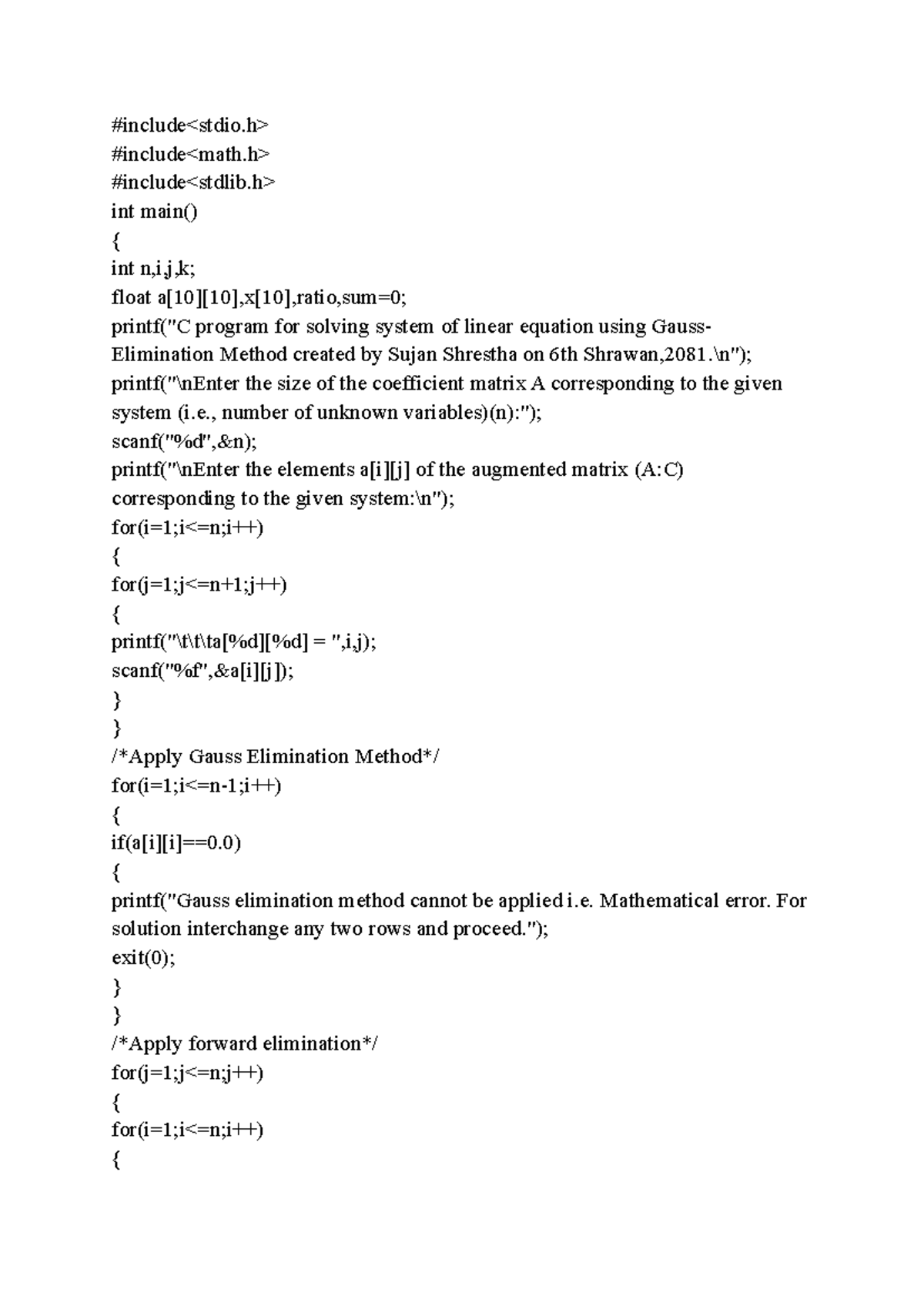 C Programming: Gauss Elimination Method for Linear Equations - Studocu