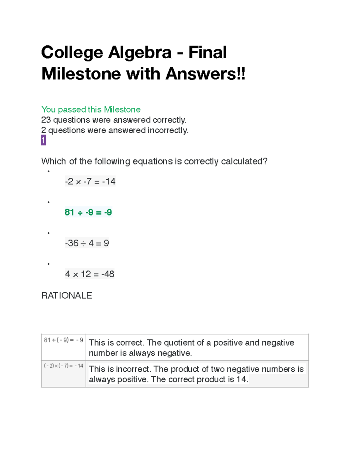 College Algebra (MATH101) Final Milestone with Complete Solutions - Studocu