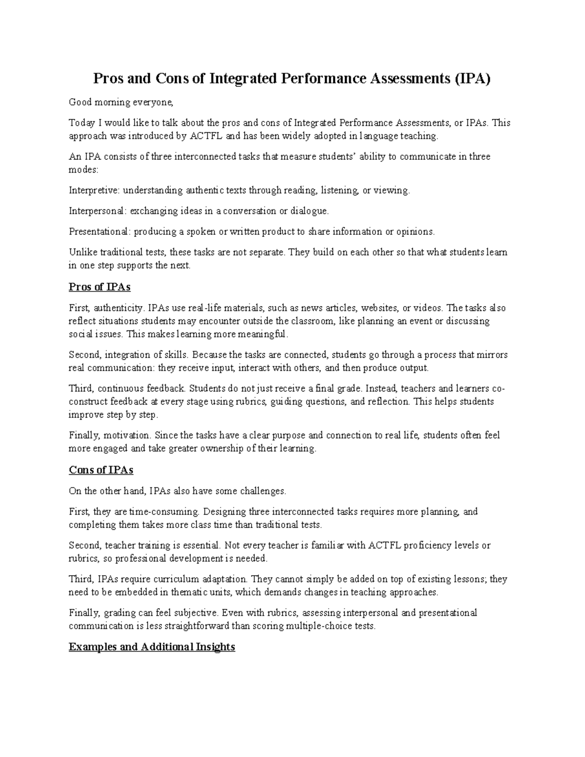 Pros and Cons of Integrated Performance Assessments (IPA) - Studocu