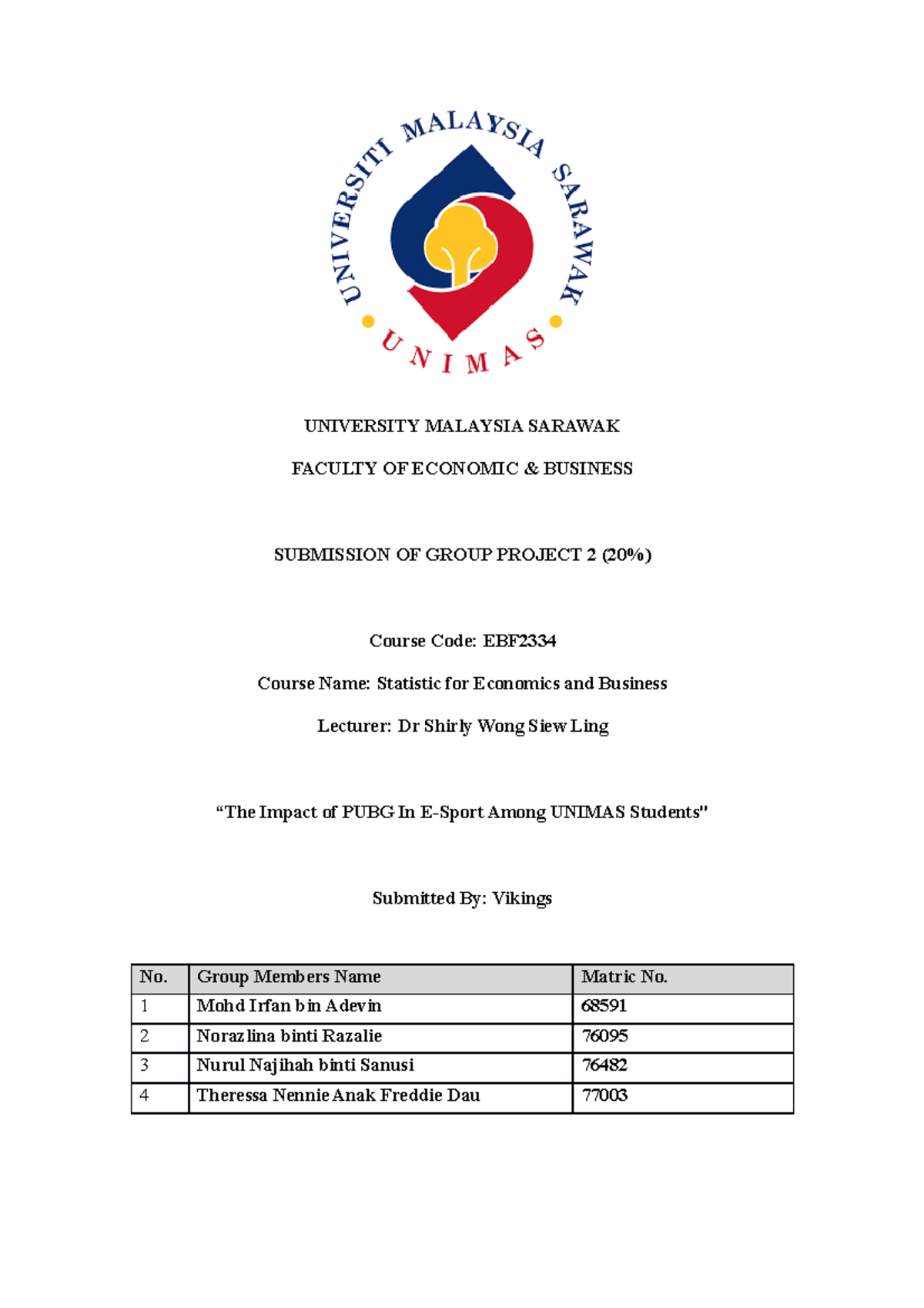 "EBF Group Project 2: Impact of PUBG on UNIMAS Students - Statistics ...