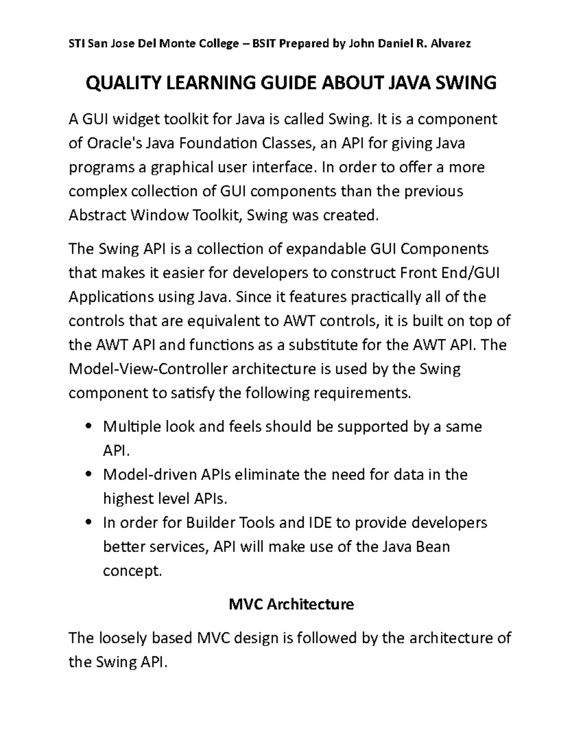 Quality Learning Guide About Java Swing - QUALITY LEARNING GUIDE ABOUT JAVA SWING A GUI widget ...