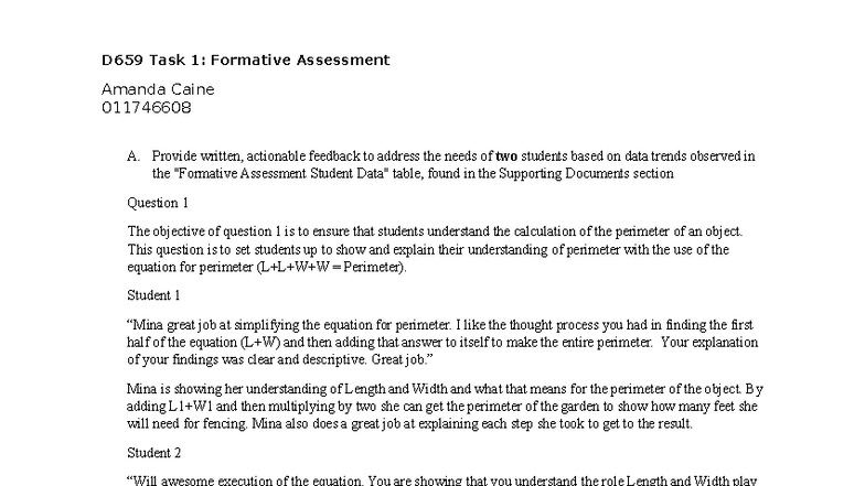 D659 Task 1: Formative Assessment Feedback for Students - Studocu