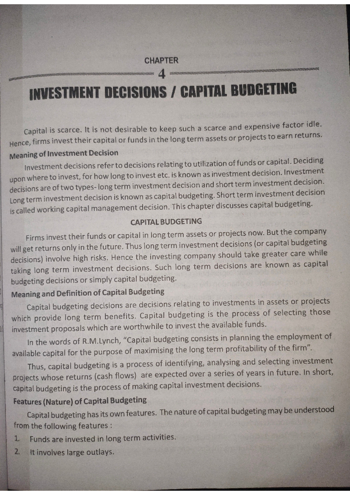 Chapter 4 (Investment decisions , Capital budgeting) - Bachelor of ...