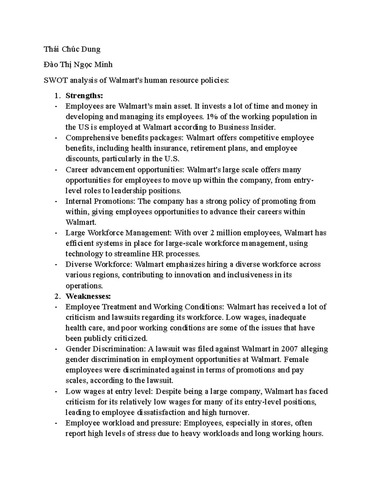 SWOT Analysis of Walmart HR Policies: Strengths & Weaknesses - Studocu