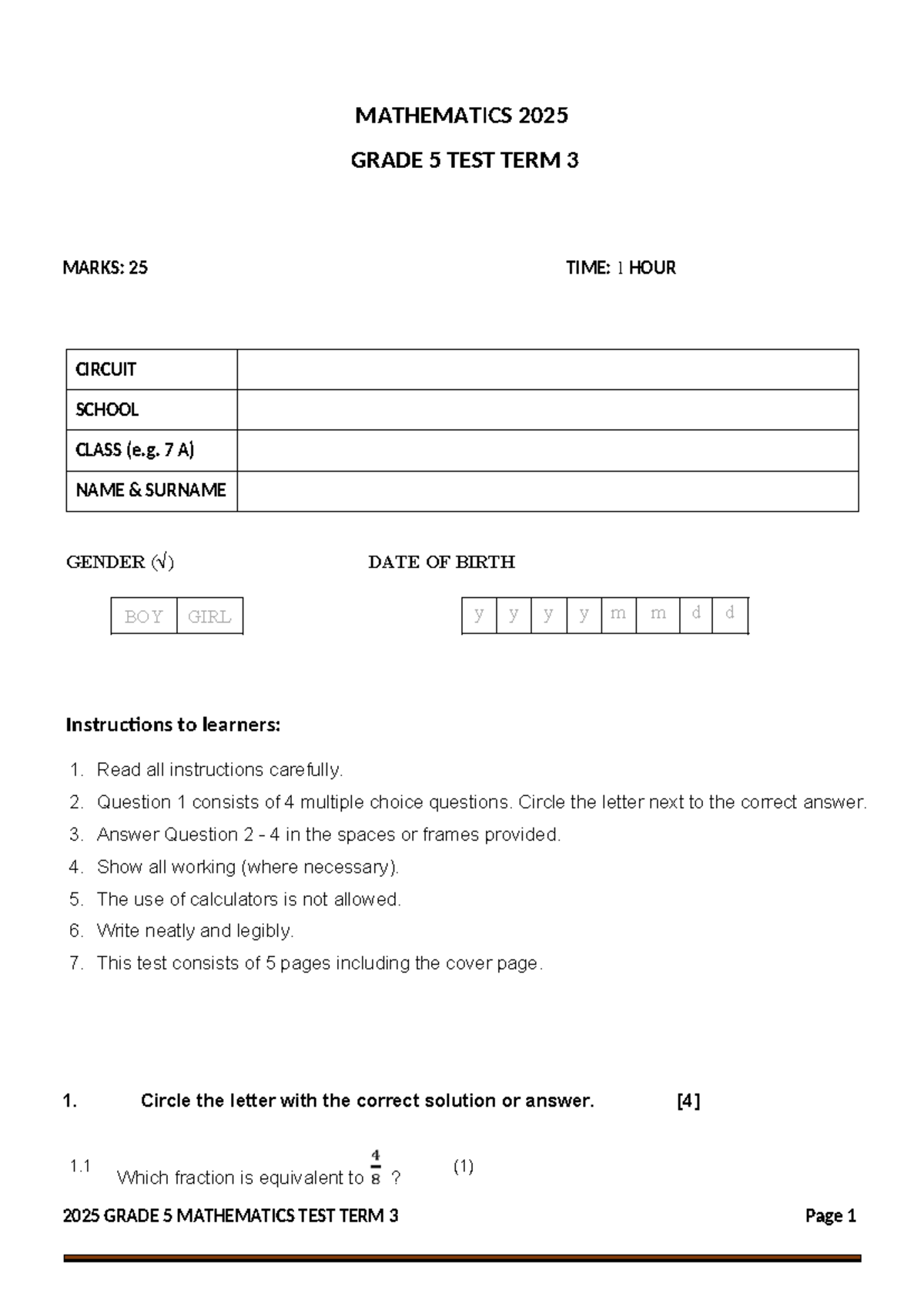 Grade 5 Mathematics Test Term 3 2025 - Marks: 25, Time: 1 Hour - Studocu