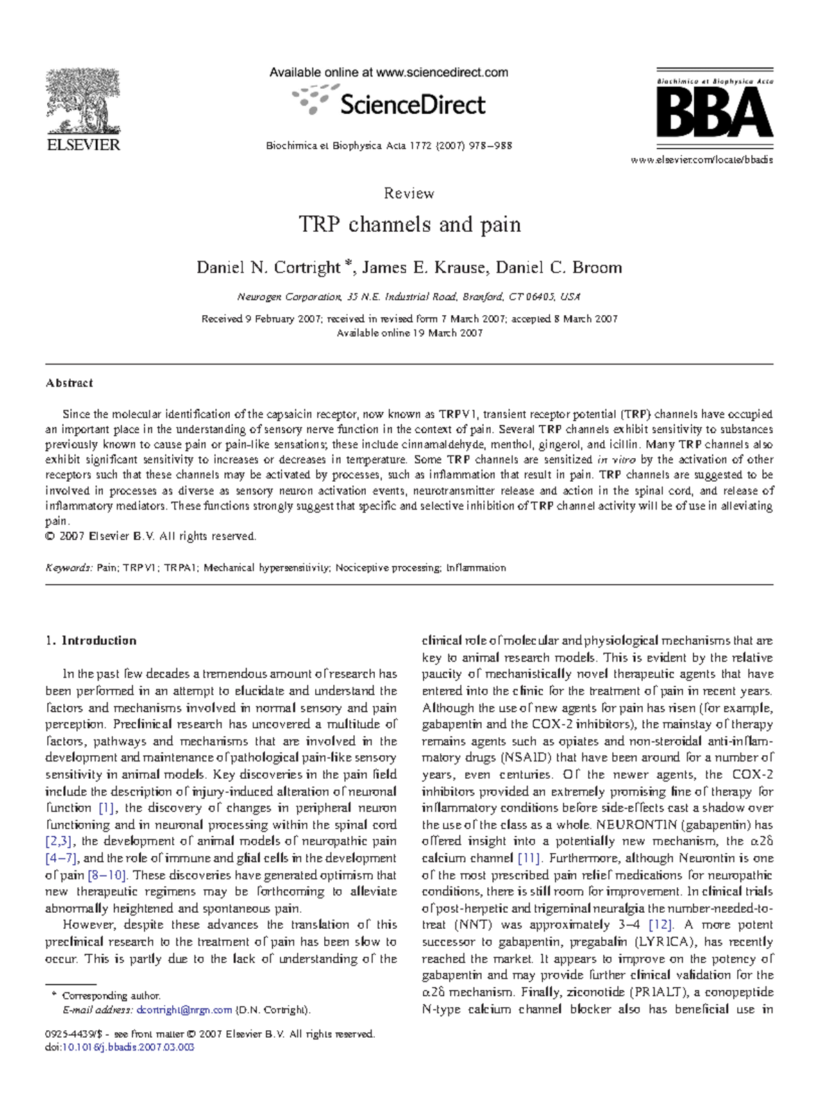 TRP Channels and Pain: Insights from Biochimica et Biophysica Acta 1772 ...