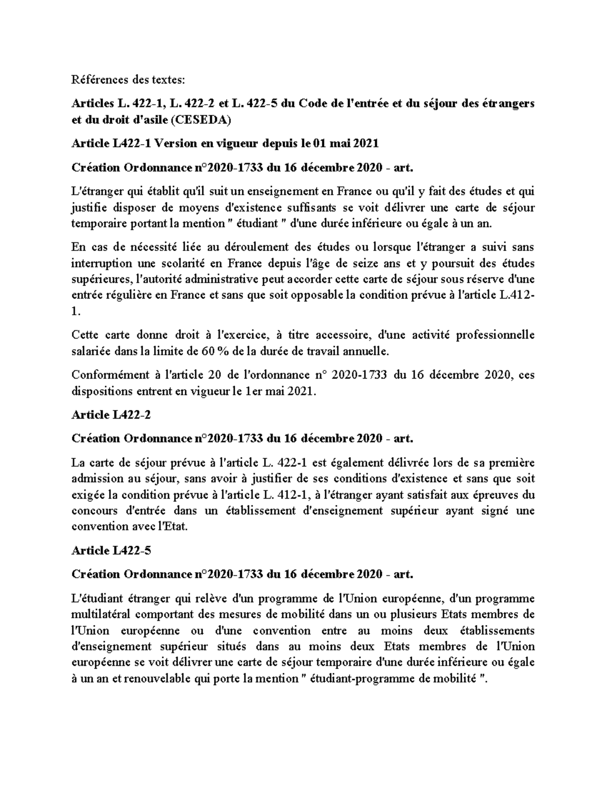 Références juridiques: Code CESEDA, Articles L. 422-1 à L. 422-5 - Studocu