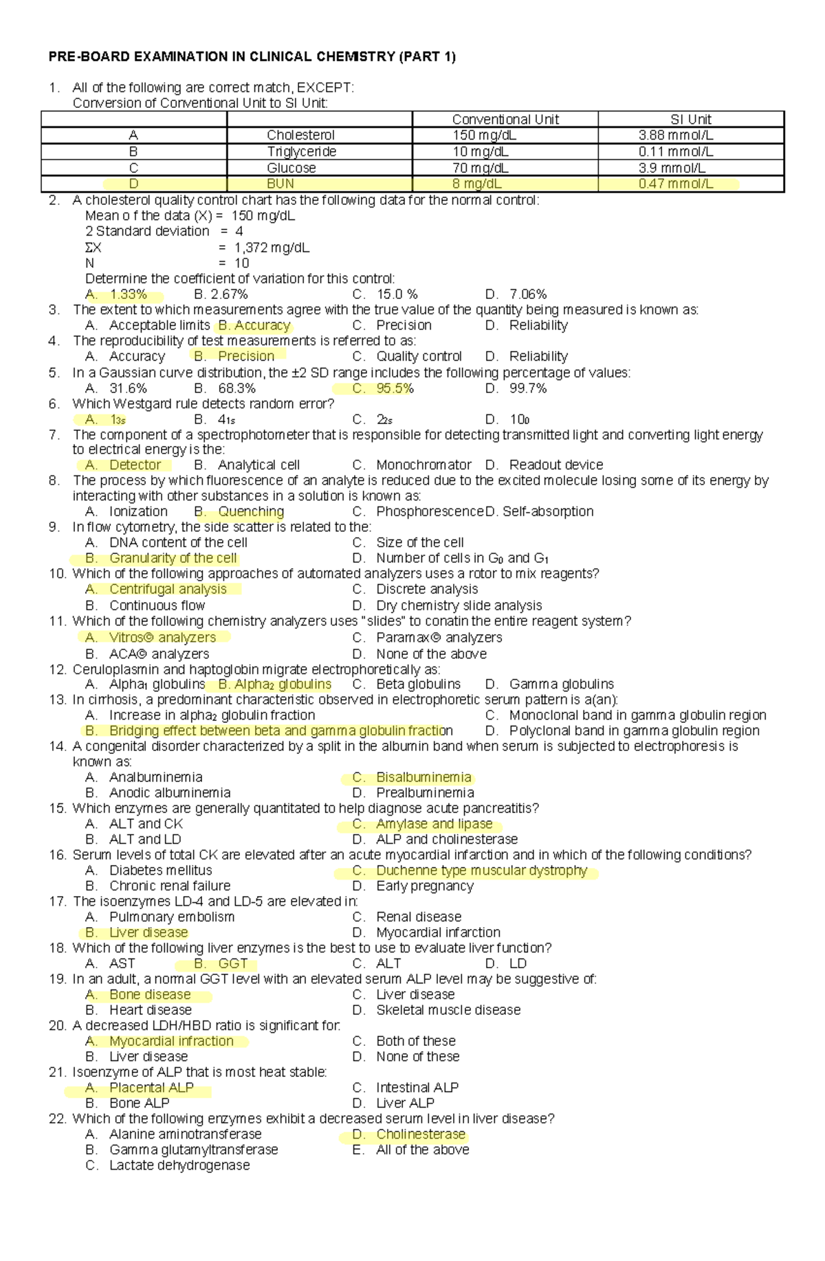 EXAMINATION IN CLINICAL CHEMISTRY (PART 1) - REVIEW QUESTIONS - Studocu