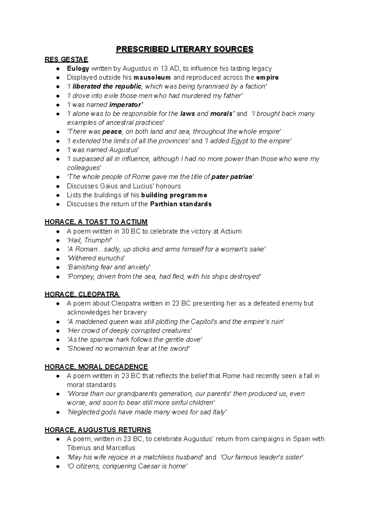Prescribed Sources Summary Notes for RES GESTAE and Horace's Poems ...