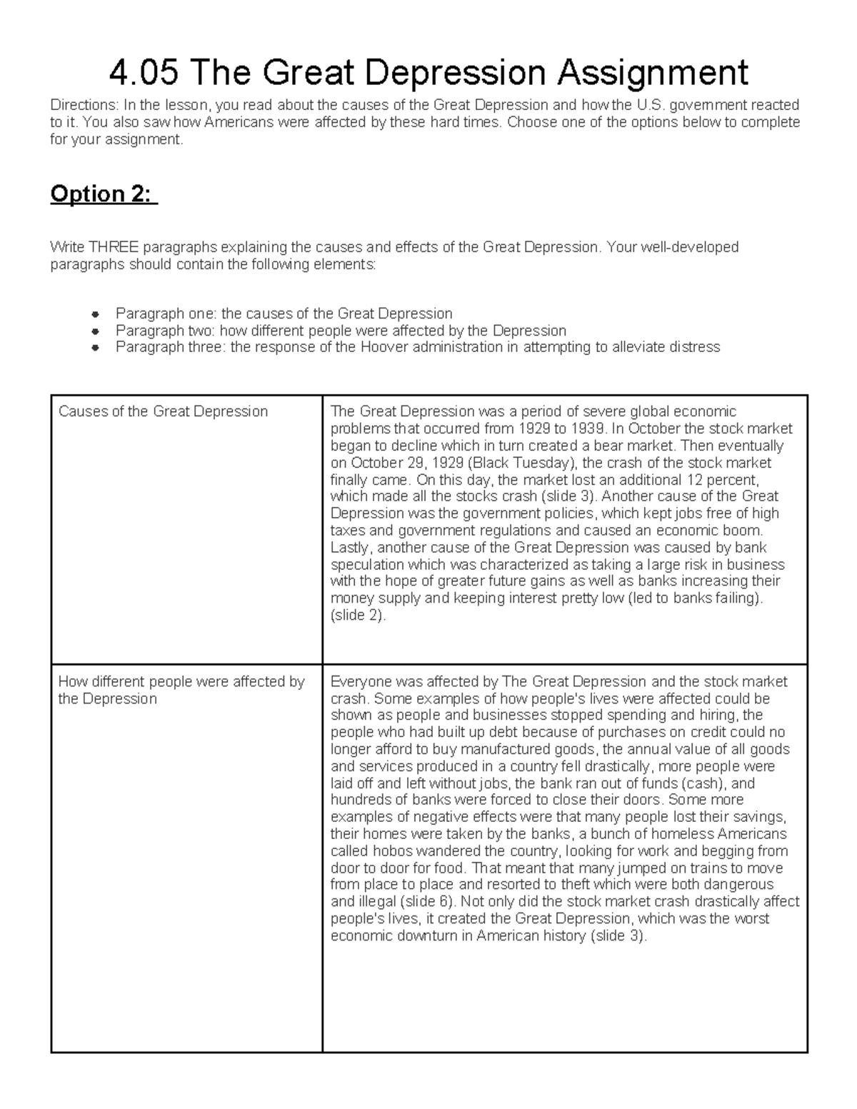 6.03 The Great Depression Causes & Effects Assignment Notes - Studocu