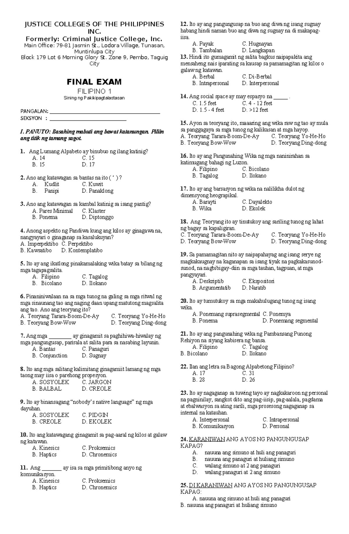 Final Exam Study Guide: Filipino 1 - Communication Skills - Studocu