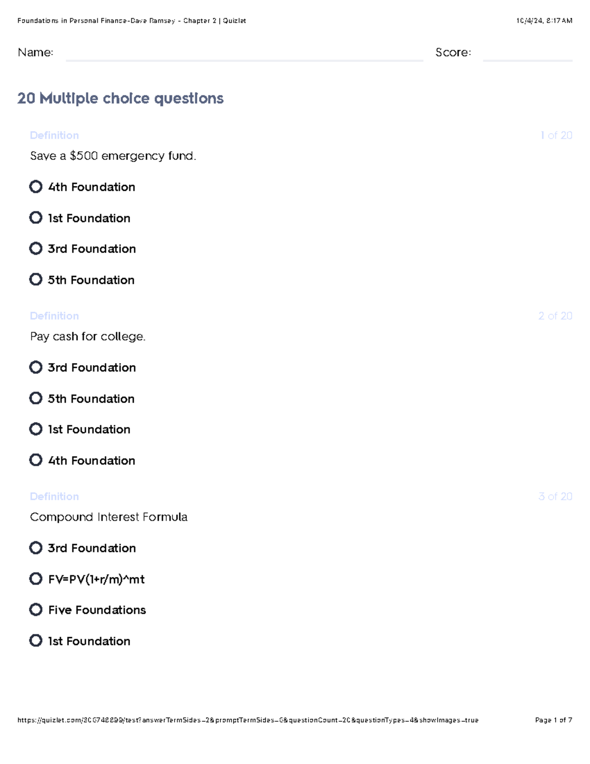 Foundations in Personal Finance-Dave Ramsey - Chapter 2 Quizlet - Name: Score: 20 Multiple ...