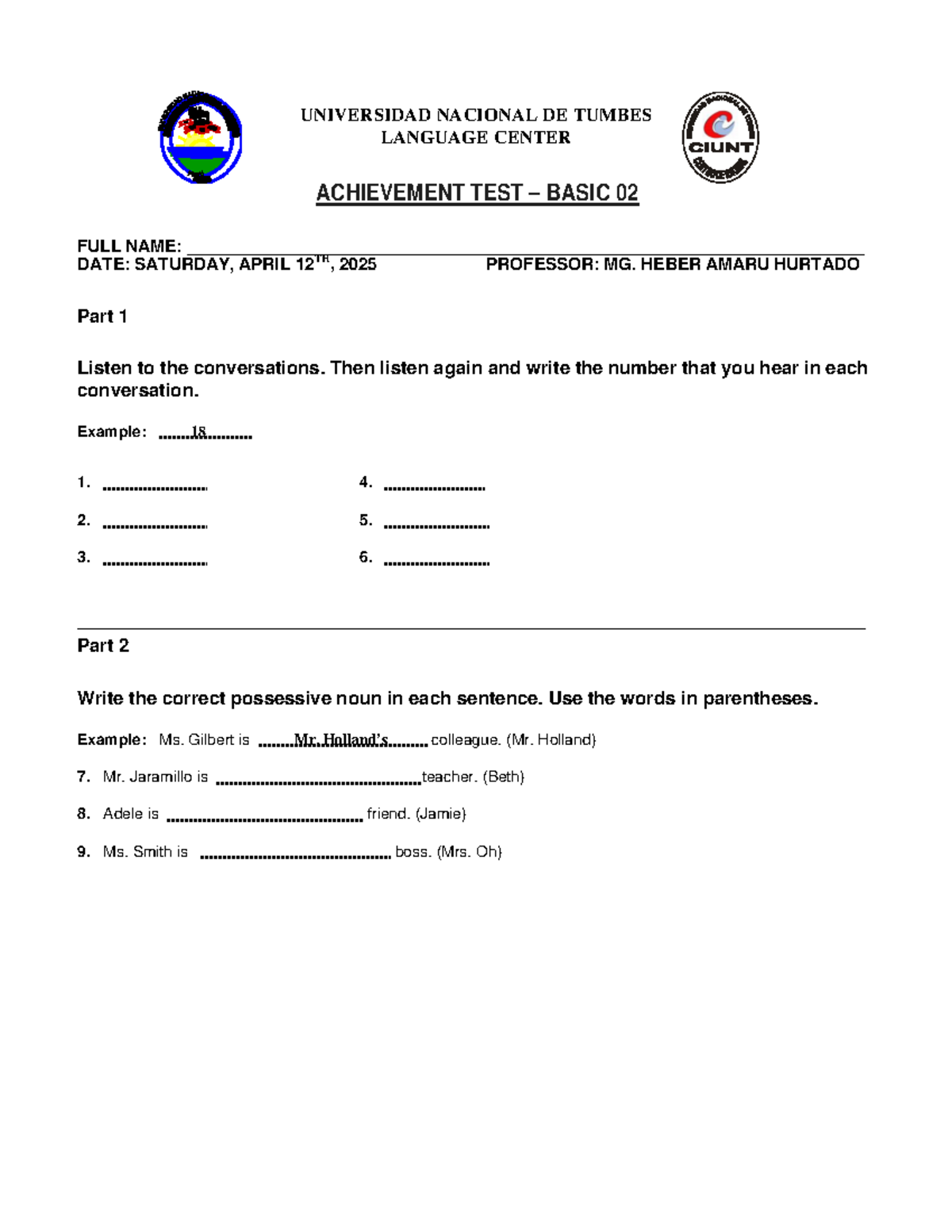 Achievement Test - Basic 02 (April 2025) - Universidad Nacional de ...