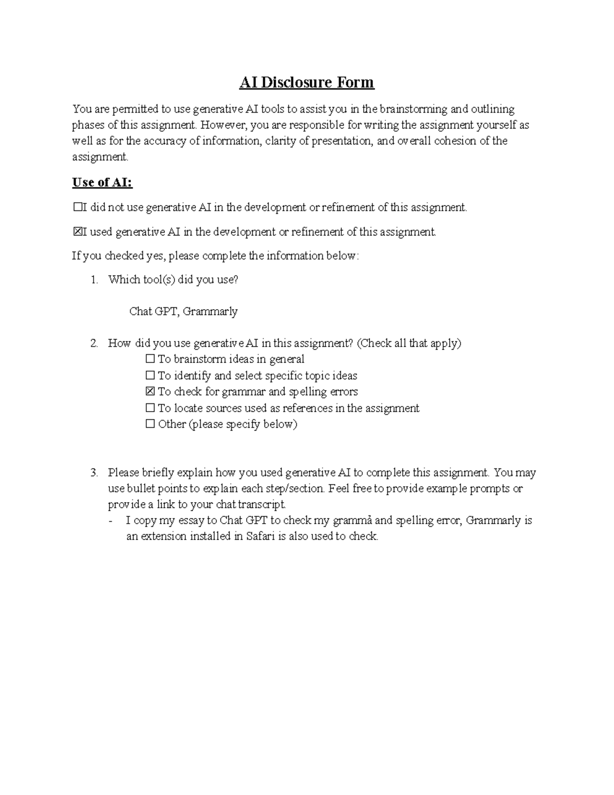 AI Disclosure Form for Assignment Assistance and Tools Used - Studocu