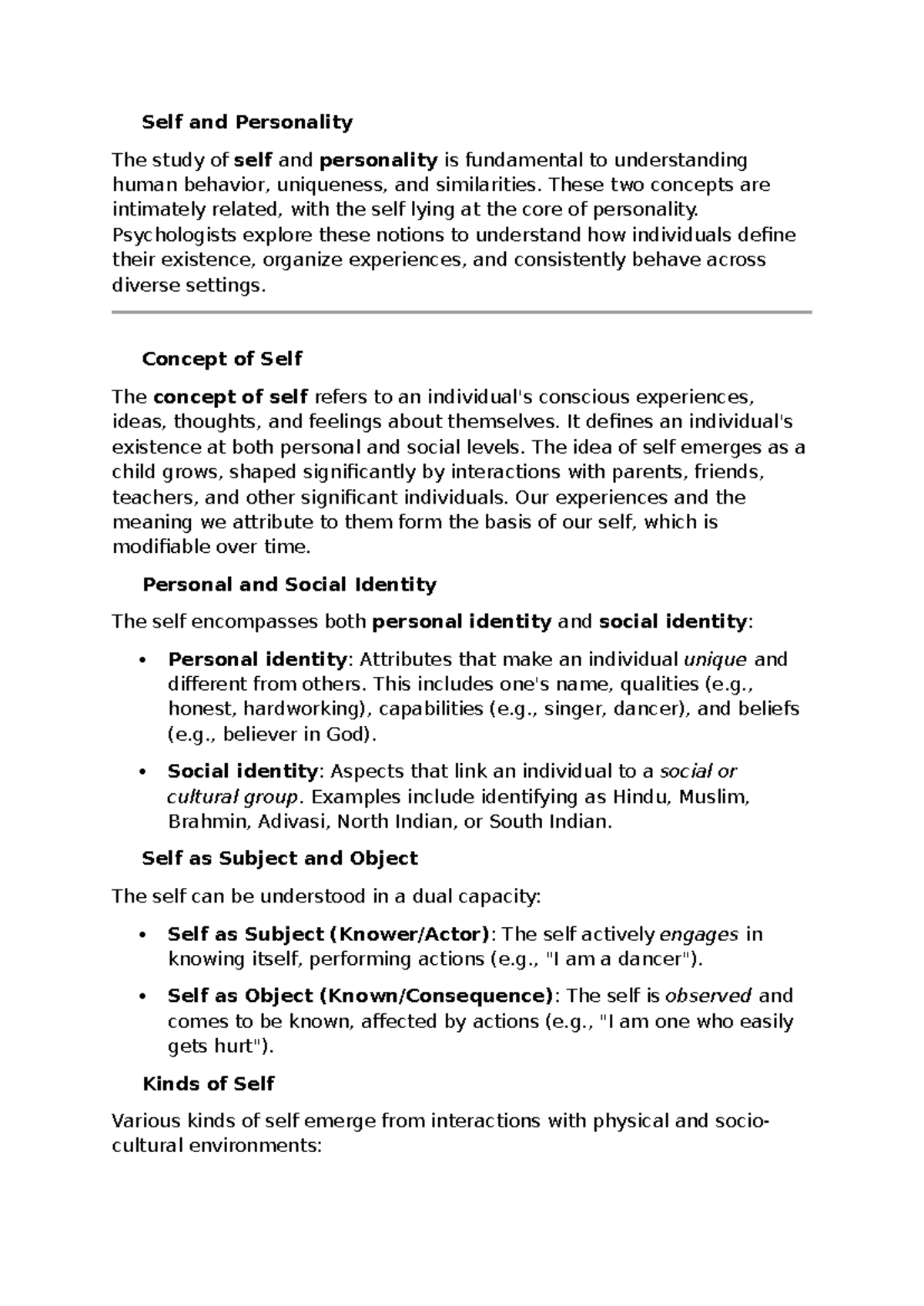 Self and Personality: Comprehensive Study Notes for PSY101 - Studocu