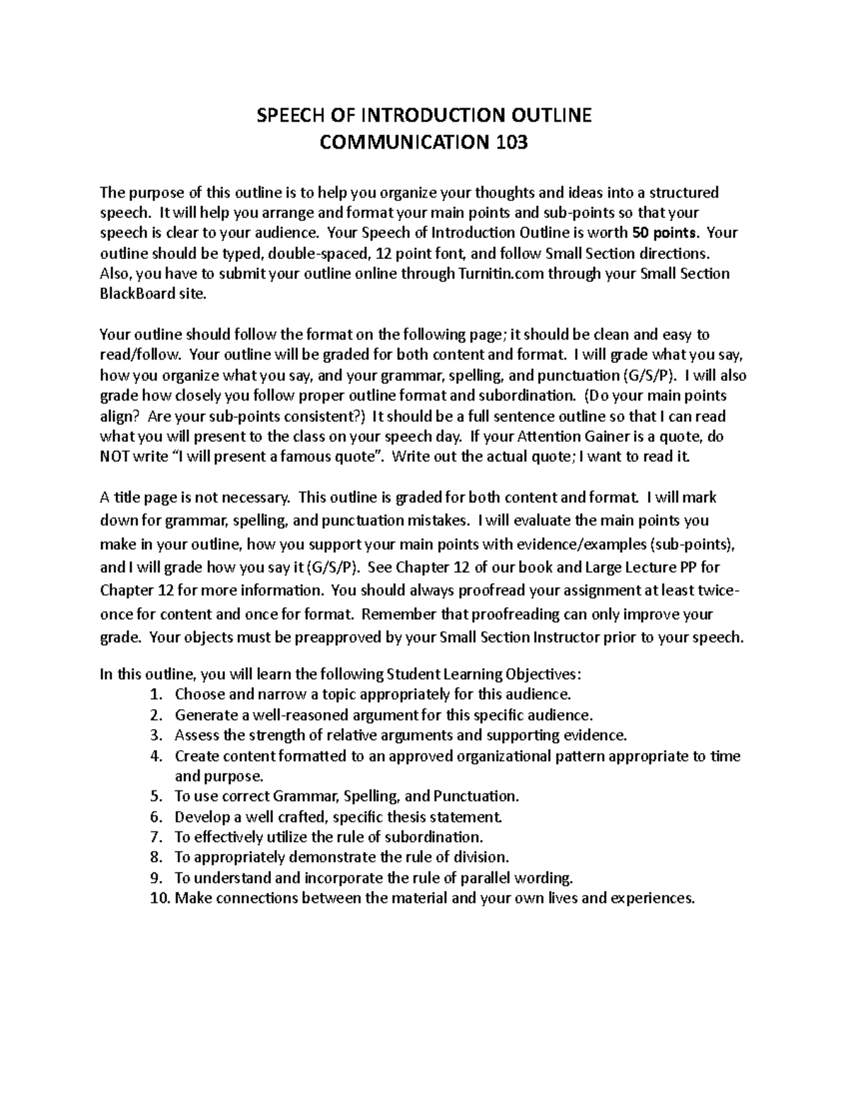 C 103 Speech of Intro Outline Handout - SPEECH OF INTRODUCTION OUTLINE ...