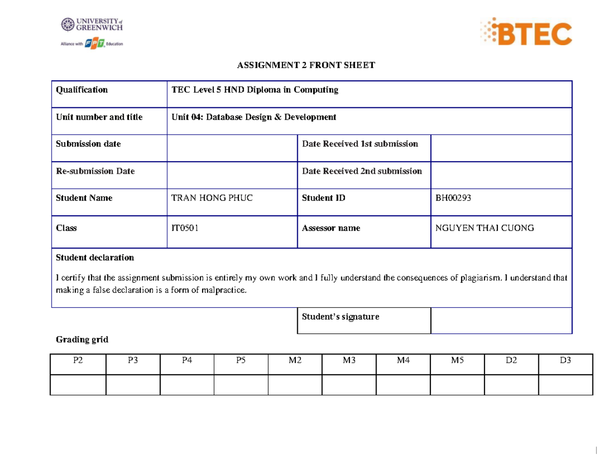 ASM 2 DDD TRAN HONG PHUC - ưqss - ASSIGNMENT 2 FRONT SHEET Qualification TEC Level 5 HND Diploma ...