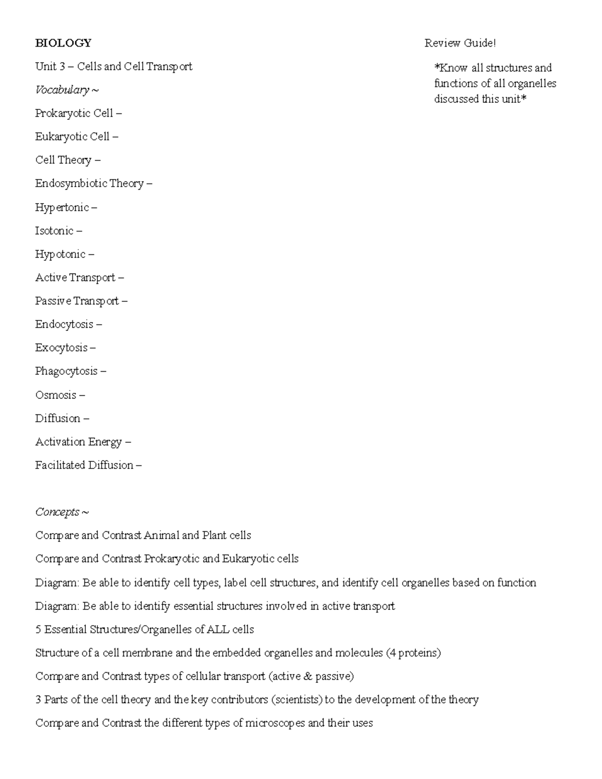 BIOLOGY Unit 3 Review Guide: Cells & Cell Transport Concepts - Studocu