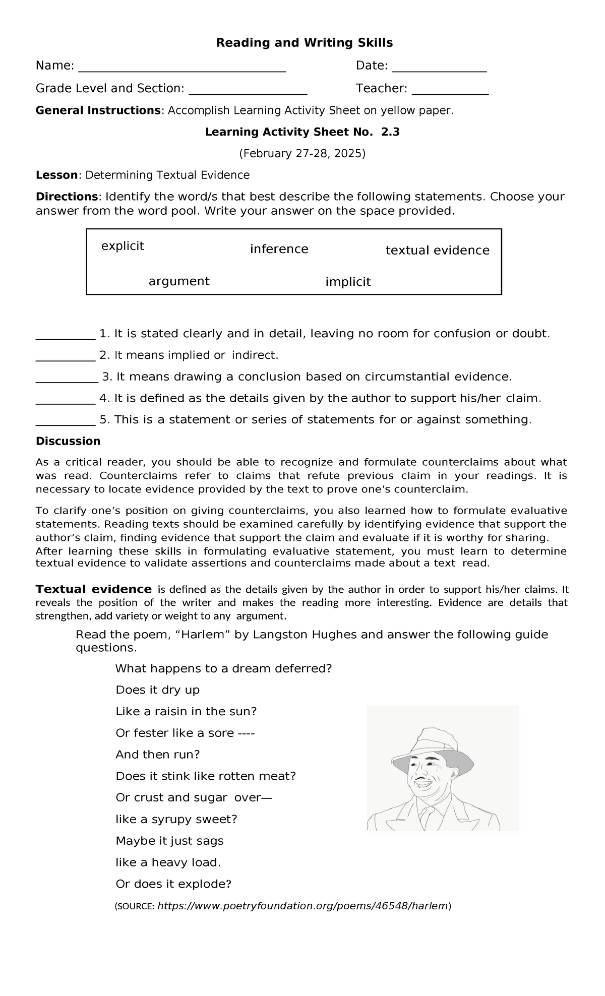 Determining-Textual-Evidence - Reading and Writing Skills Name