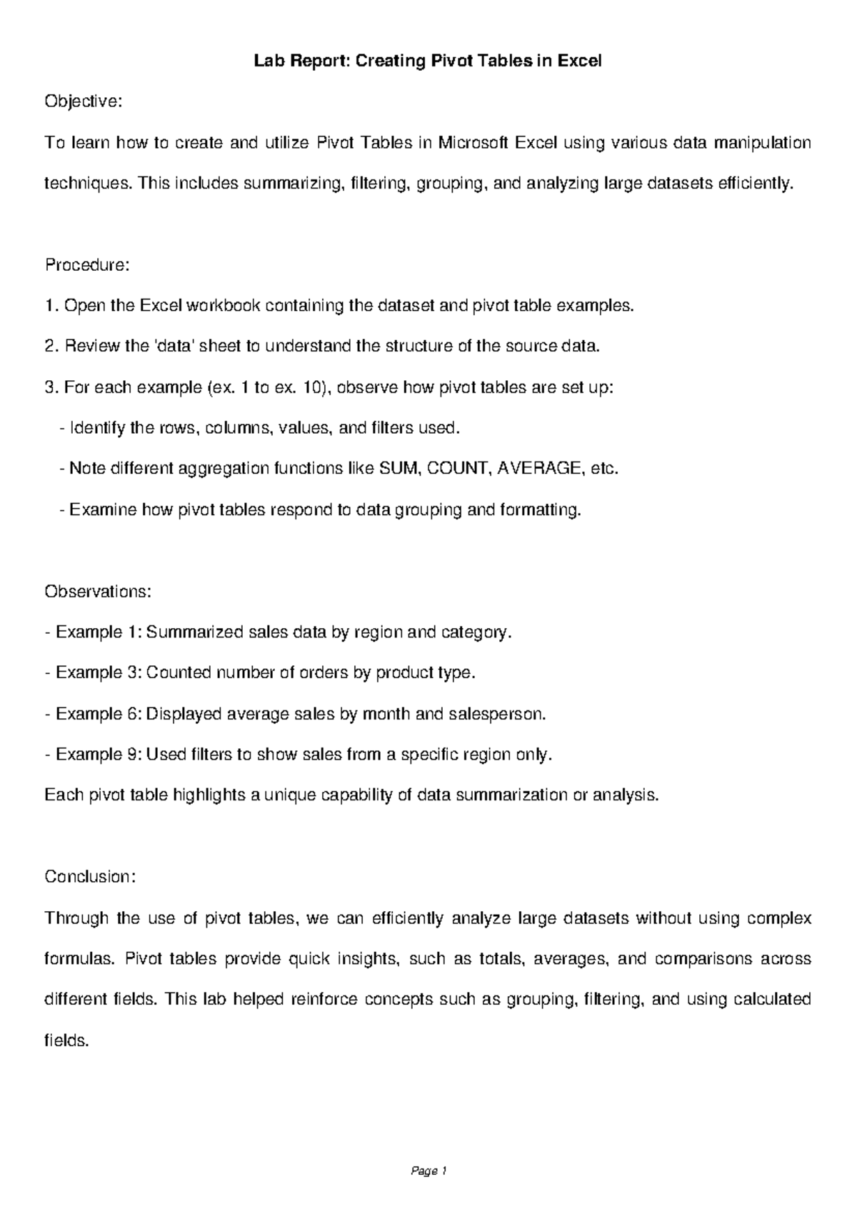 Lab Report: Creating Pivot Tables in Excel (CS101) - Studocu
