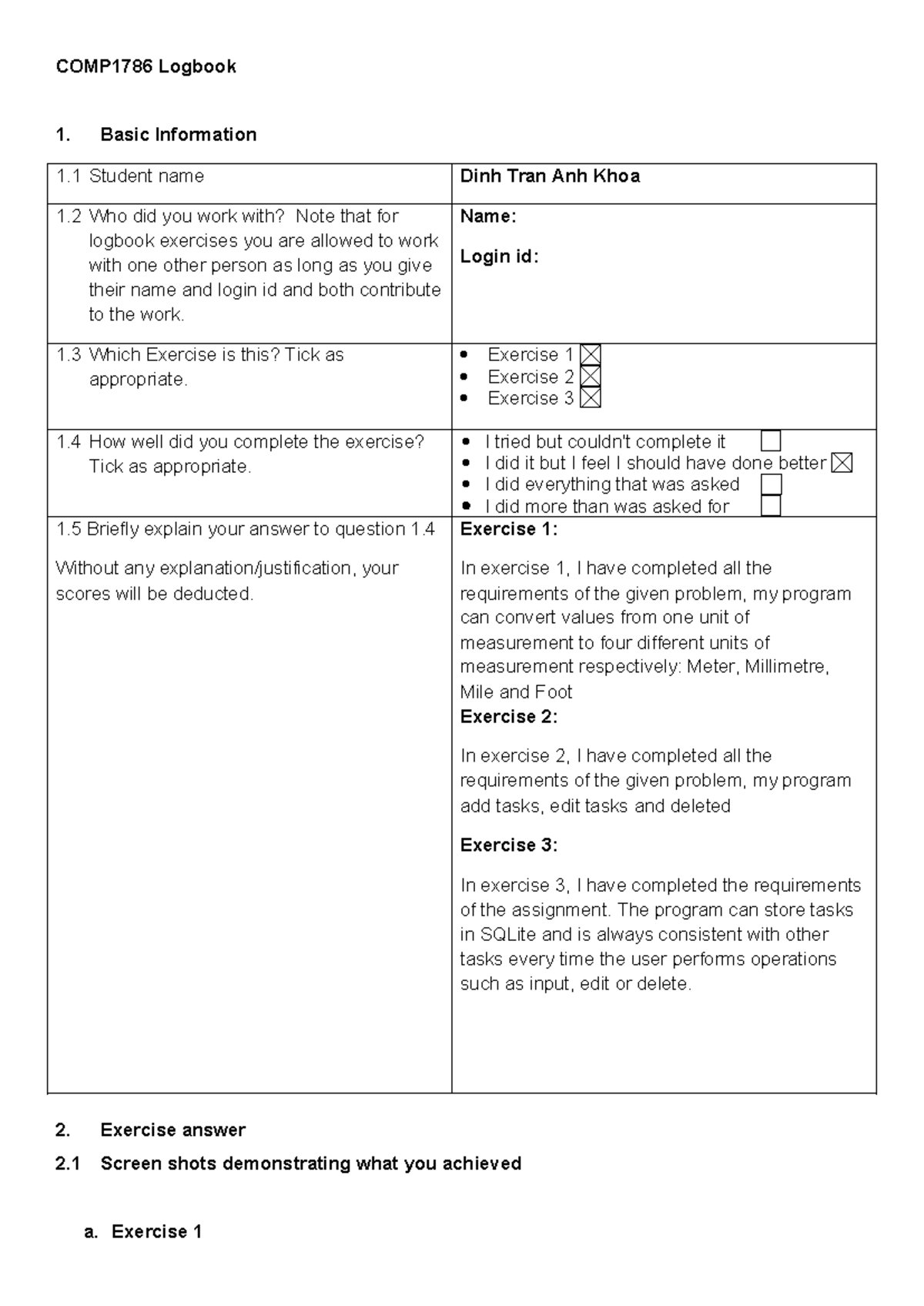 COMP 1786 Logbook Template for Programming Exercises and Tasks - Studocu