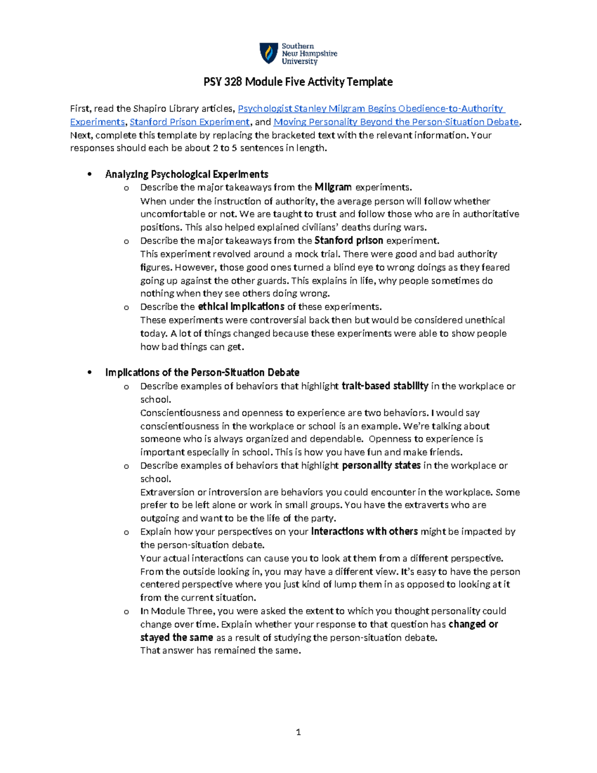 5-2 Activity- Person-Situation Debate - PSY 328 Module Five Activity ...