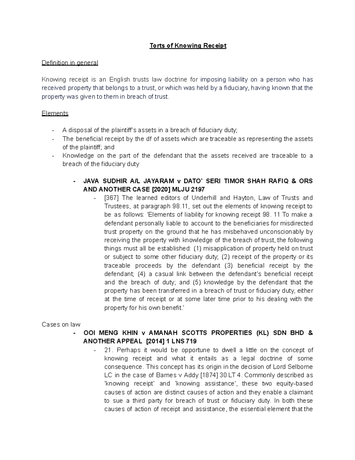 Torts of Knowing Receipt: Definition and Legal Implications in Trust ...