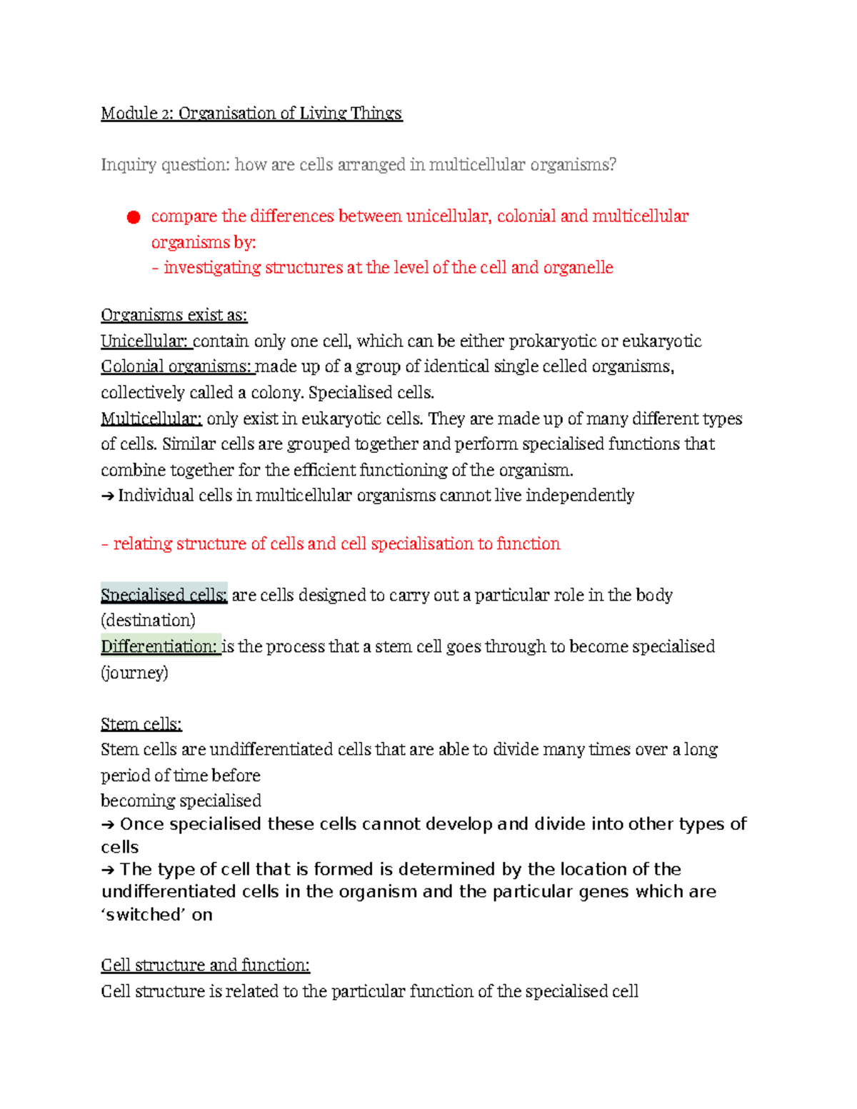 Module 2: Organisation of Living Things - Cells & Organisms Comparison - Studocu