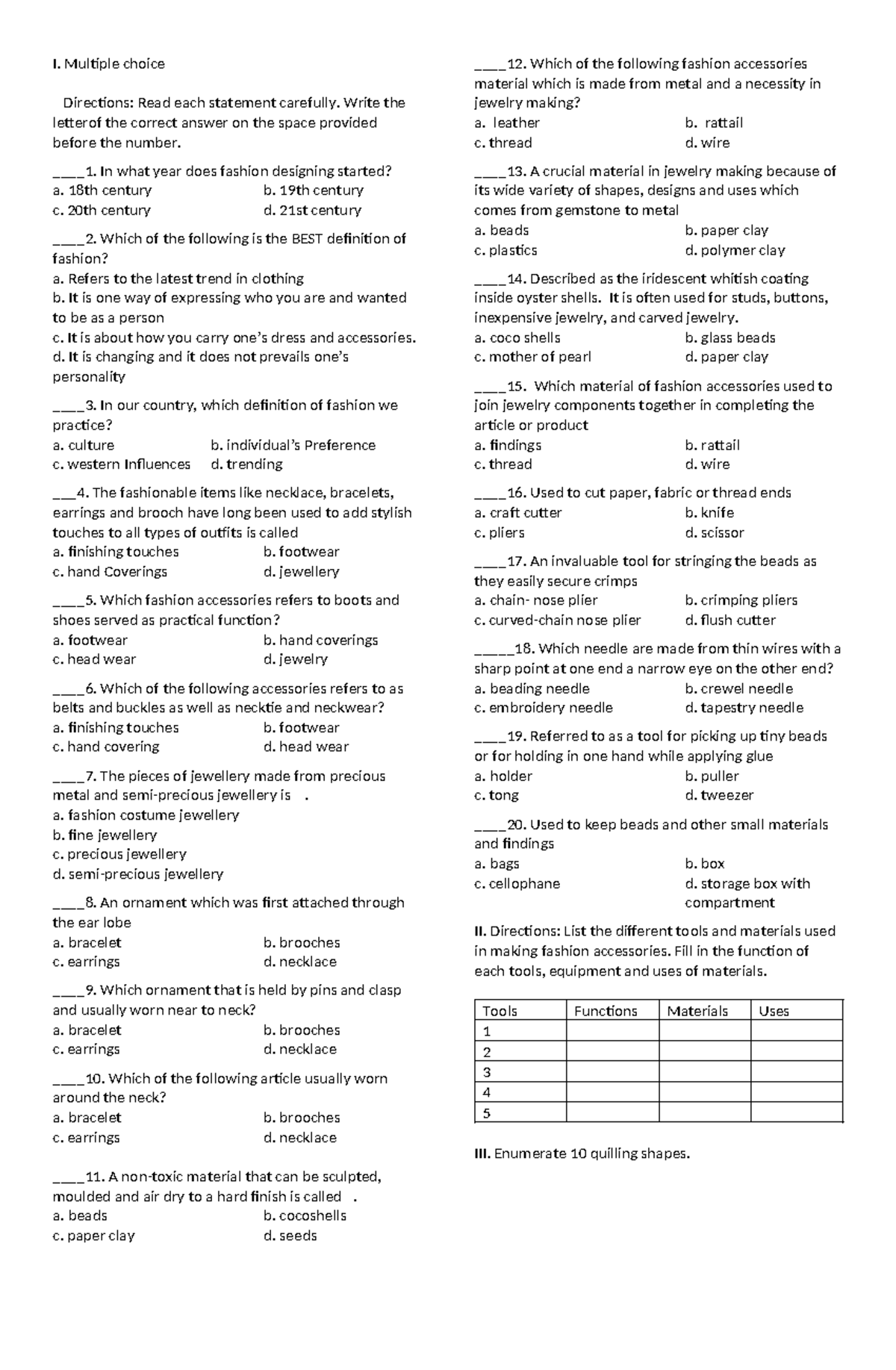 Summative test10 - I. Multiple choice Directions: Read each statement ...