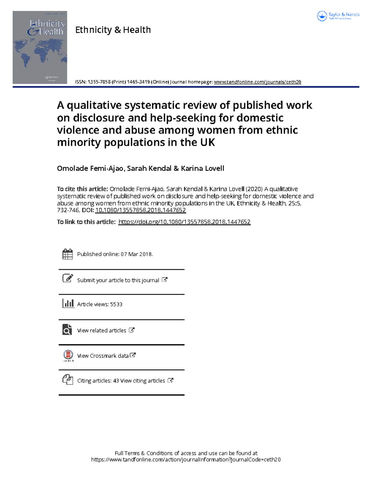 Qualitative Systematic Review: Domestic Violence Disclosure Among BME ...