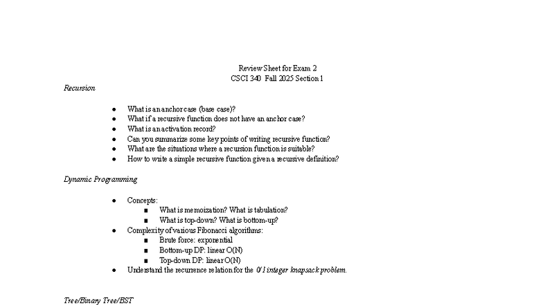 Review Sheet for CSCI 340 Exam 2: Recursion, Trees, and More - Studocu