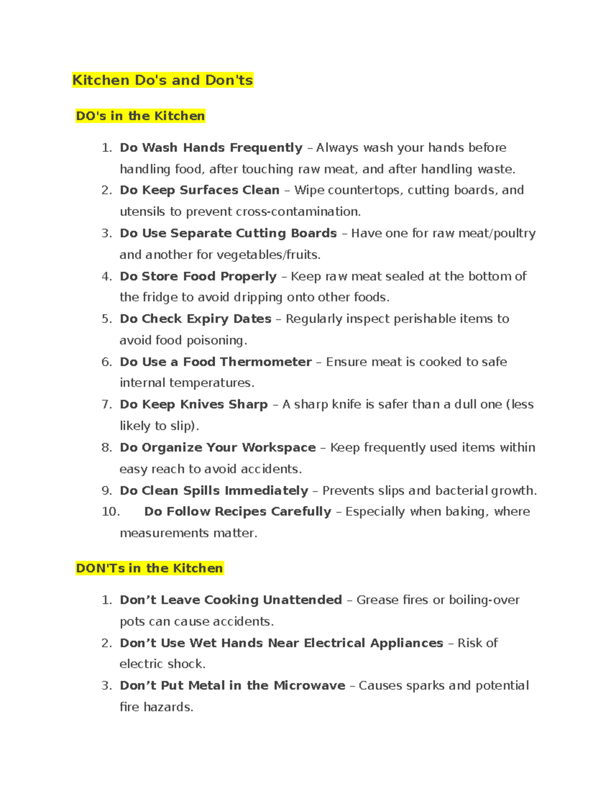 Kitchen Safety Guidelines and Best Practices for Food Handling - Studocu