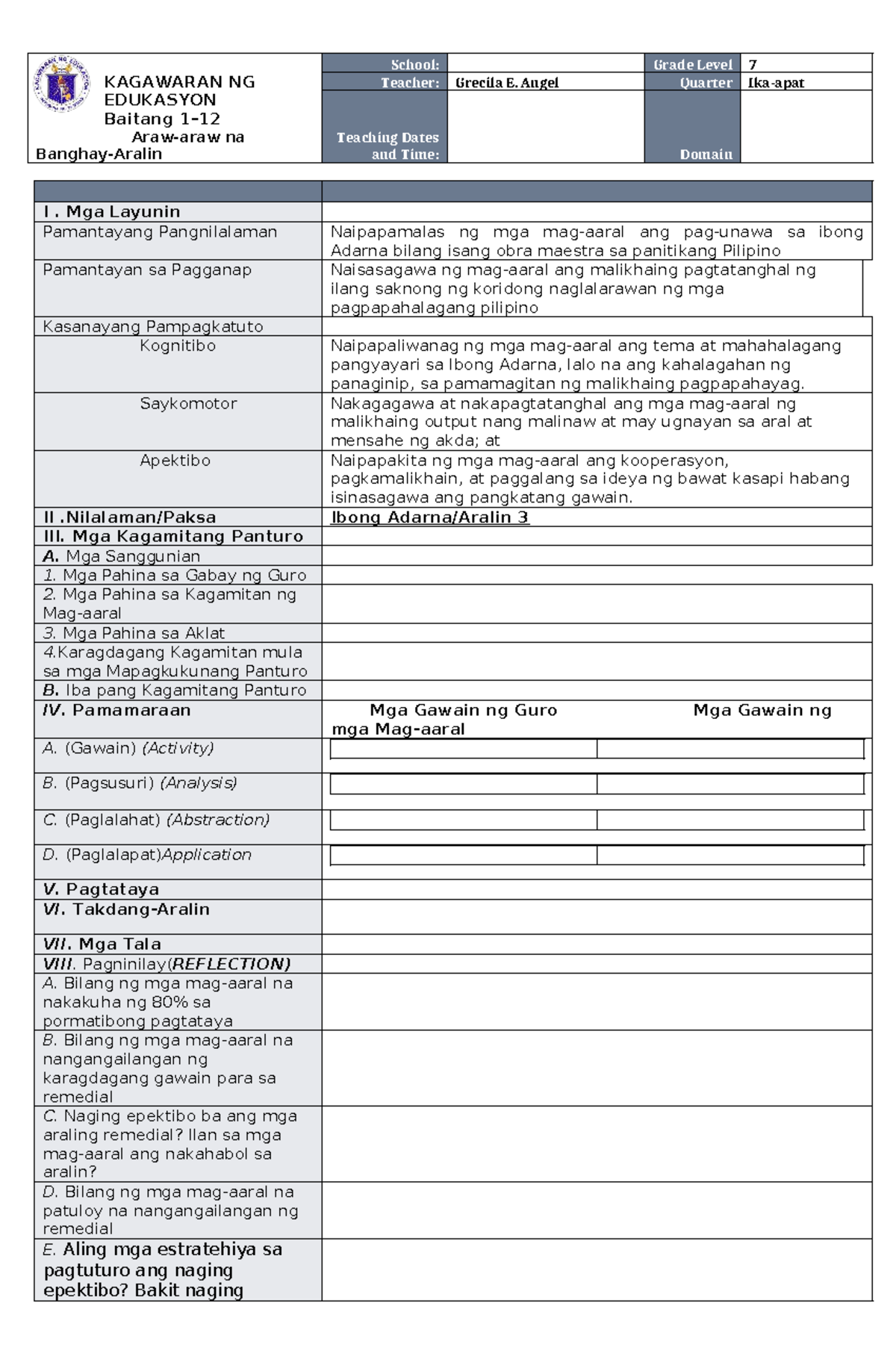 Lesson Plan Template for Baitang I: Mga Layunin at Pamantayan - Studocu