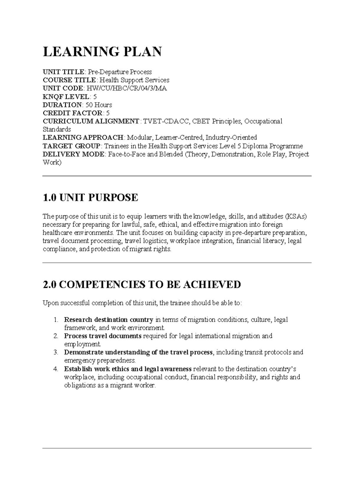 Health Support Services Learning Plan: Process Unit (KNQF Level 5 ...