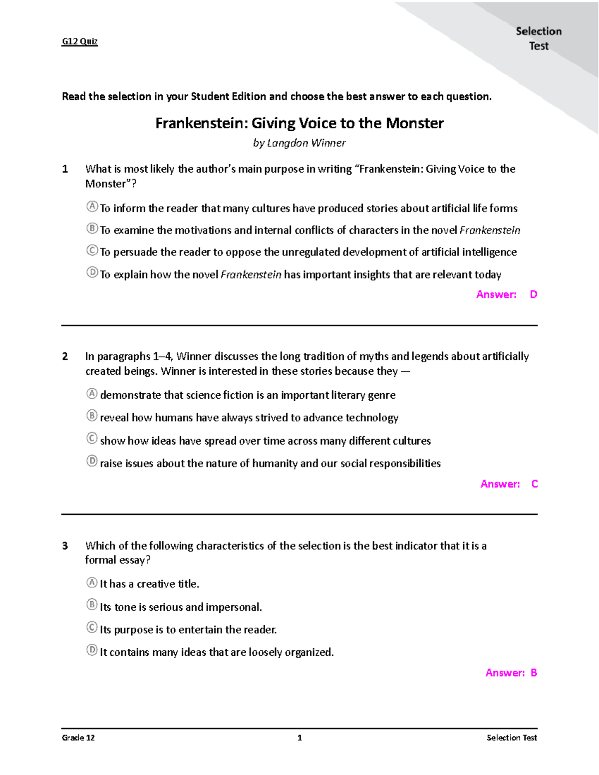 Frankenstein (ENG 101) Quiz: Analyzing Winner's "Giving Voice to the ...