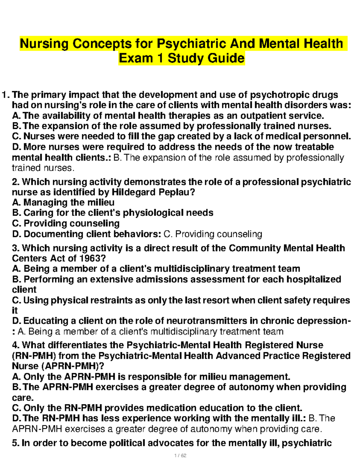 Nursing Concepts for Psychiatric And Mental Health Exam 1 Study Guide ...