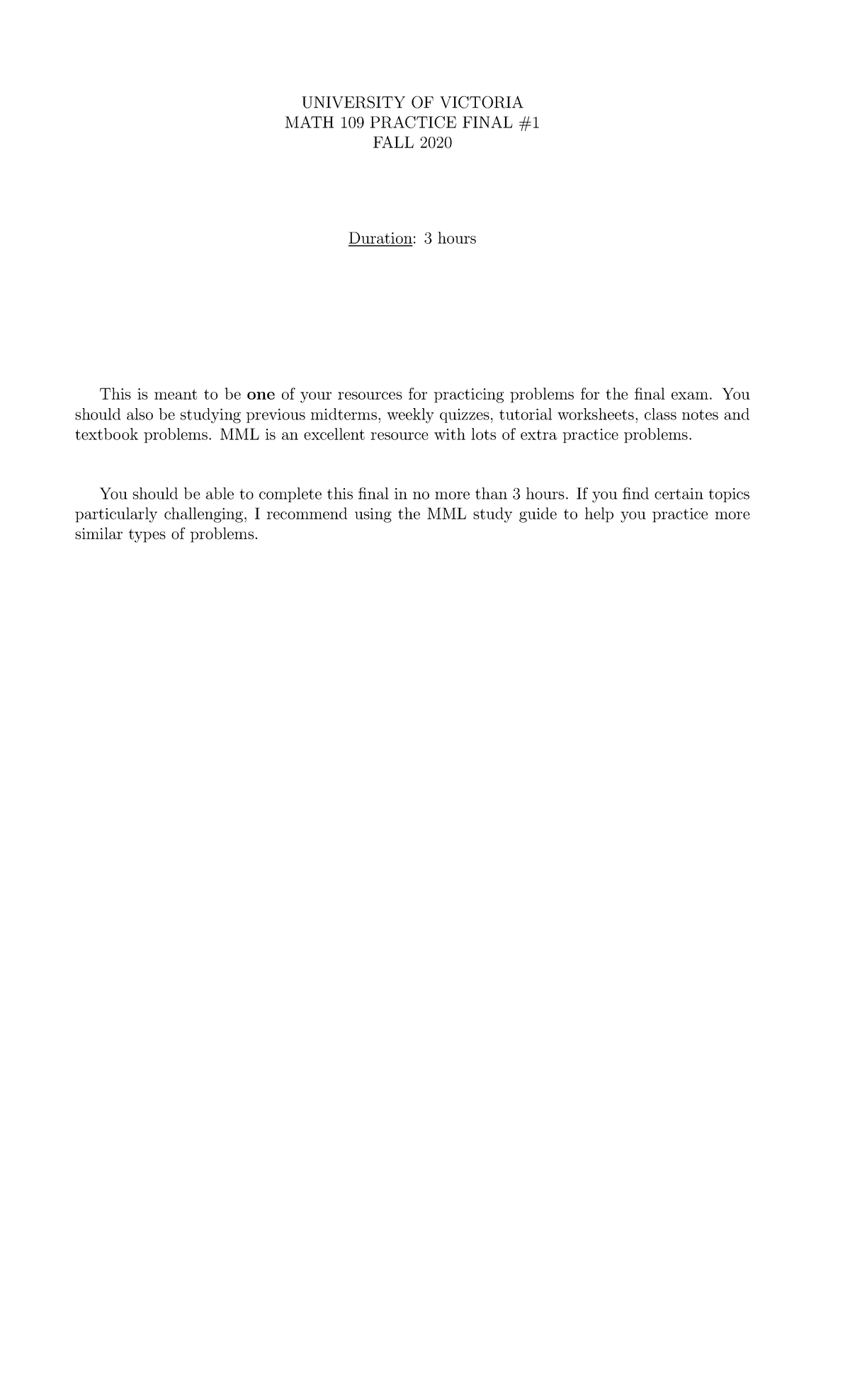 Math 109 Practice Final Exam Resource - Fall 2020 - Studocu