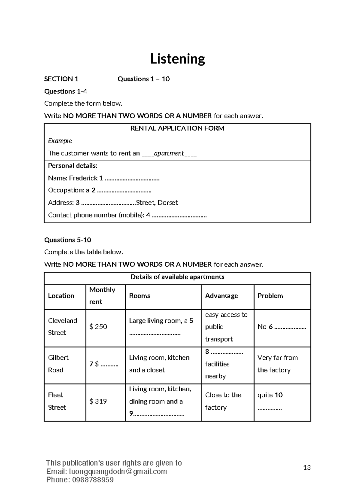 Listening- Mock test 1- Found Z1 - 13 Listening SECTION 1 Questions 1 ...