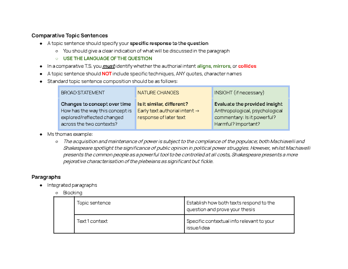 English - Comparative Essay on Topic Sentences and Analysis - Studocu