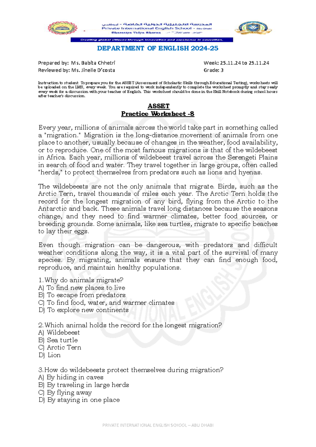 ASSET Practice Worksheet - Grade 3: Animal Migration Insights - Studocu