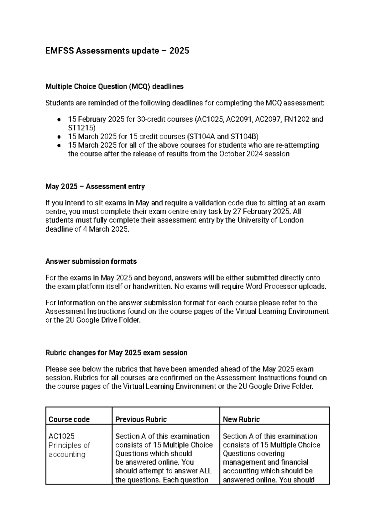 EMFSS 2025 MCQ Assessment Deadlines & Rubric Updates - Studocu